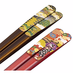 Kawai Japanese Wooden Chopsticks Reusable 2 Pairs in Gift Box, Nippon Scenery Red and Purple [ Made in Japan /Handcrafted ]