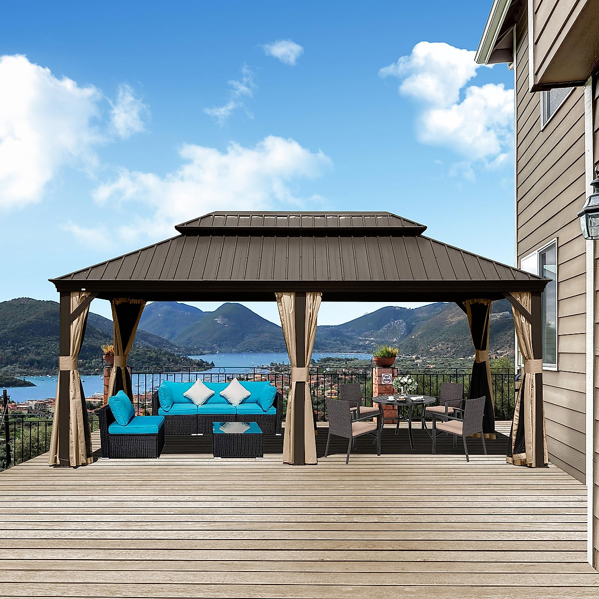 Domi Outdoor Living 12’ X 20’ Hardtop Gazebo, Outdoor Aluminum Frame Canopy with Galvanized Steel Double Roof, Outdoor Permanent Metal Pavilion with Curtains and Netting for Patio, Backyard and Lawn