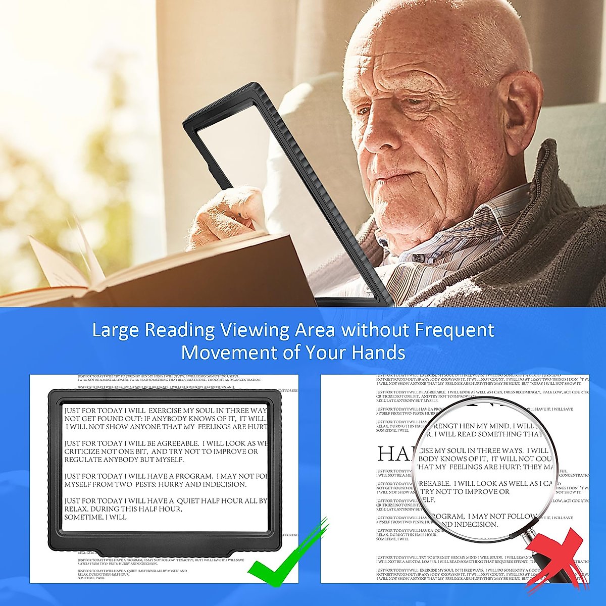 5X Large Page Magnifying Glass for Reading, Full-Page Viewing Area Magnifier Handheld Lightweight Magnifier for Reading Seniors and Low Vision Person Silver
