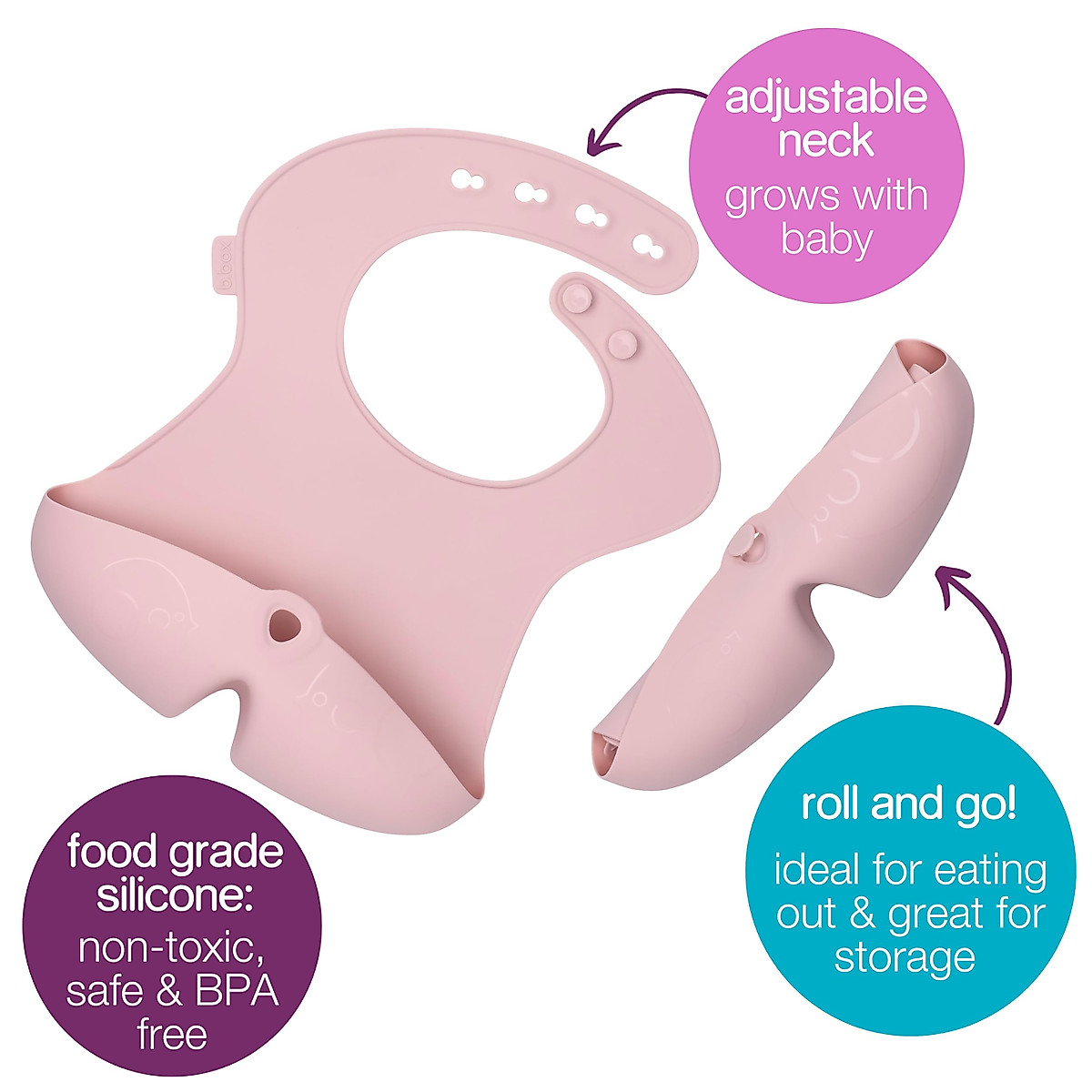 b.box Silicone Bib: Baby Bibs for Boys & Girls Ages 4m+. Dishwasher Safe FDA Food Grade Silicone. Adjustable, Soft, Waterproof. Unique Stay-Open Food Catcher, Roll & Secure for On-The-Go (Blush)
