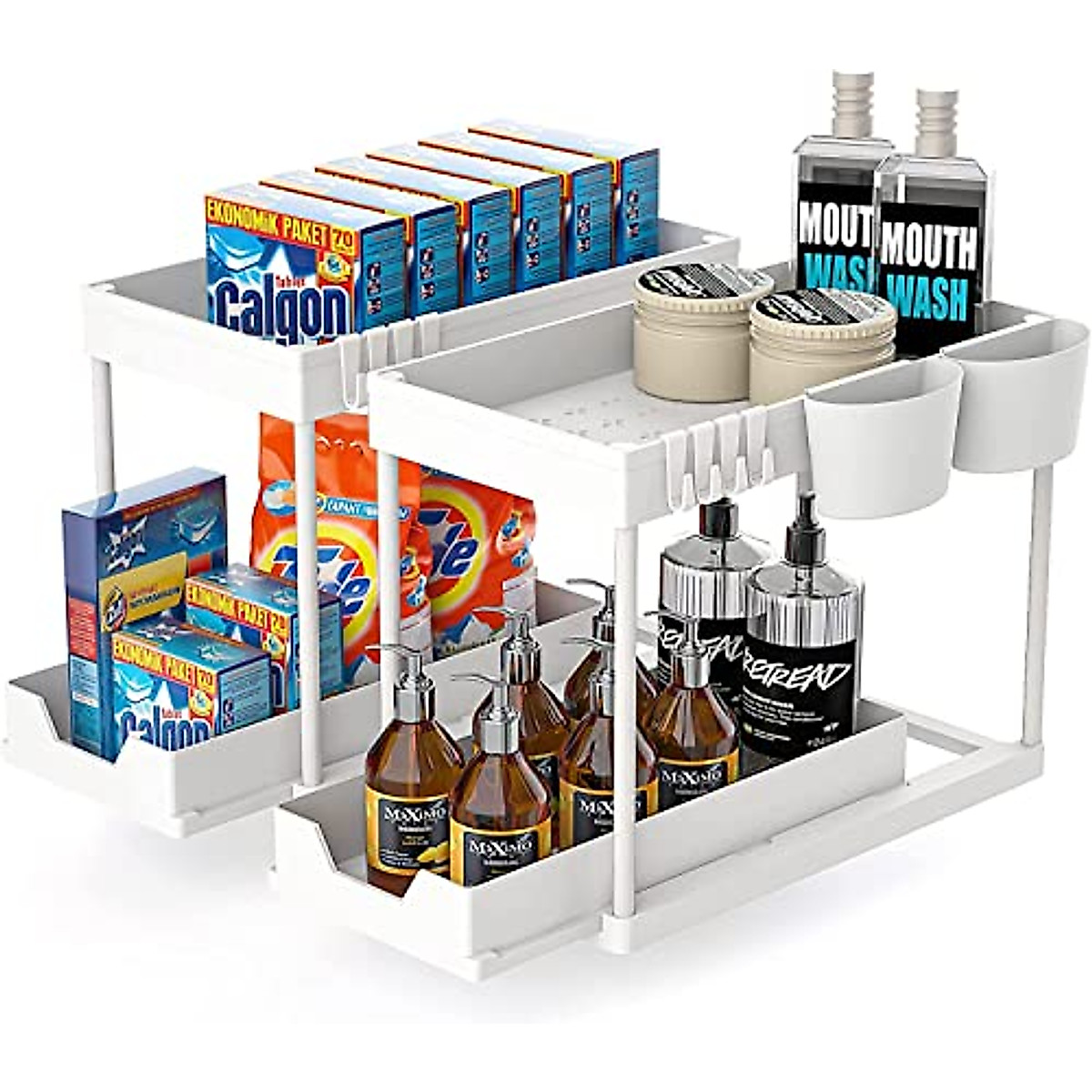 Under Sink Storage - Bnimtm 2 Pack White Under Sink Storage Kitchen Organiser - Sliding Drawer Pull Out Under Sink Organiser with Hooks Cup for Kitchen Bathroom