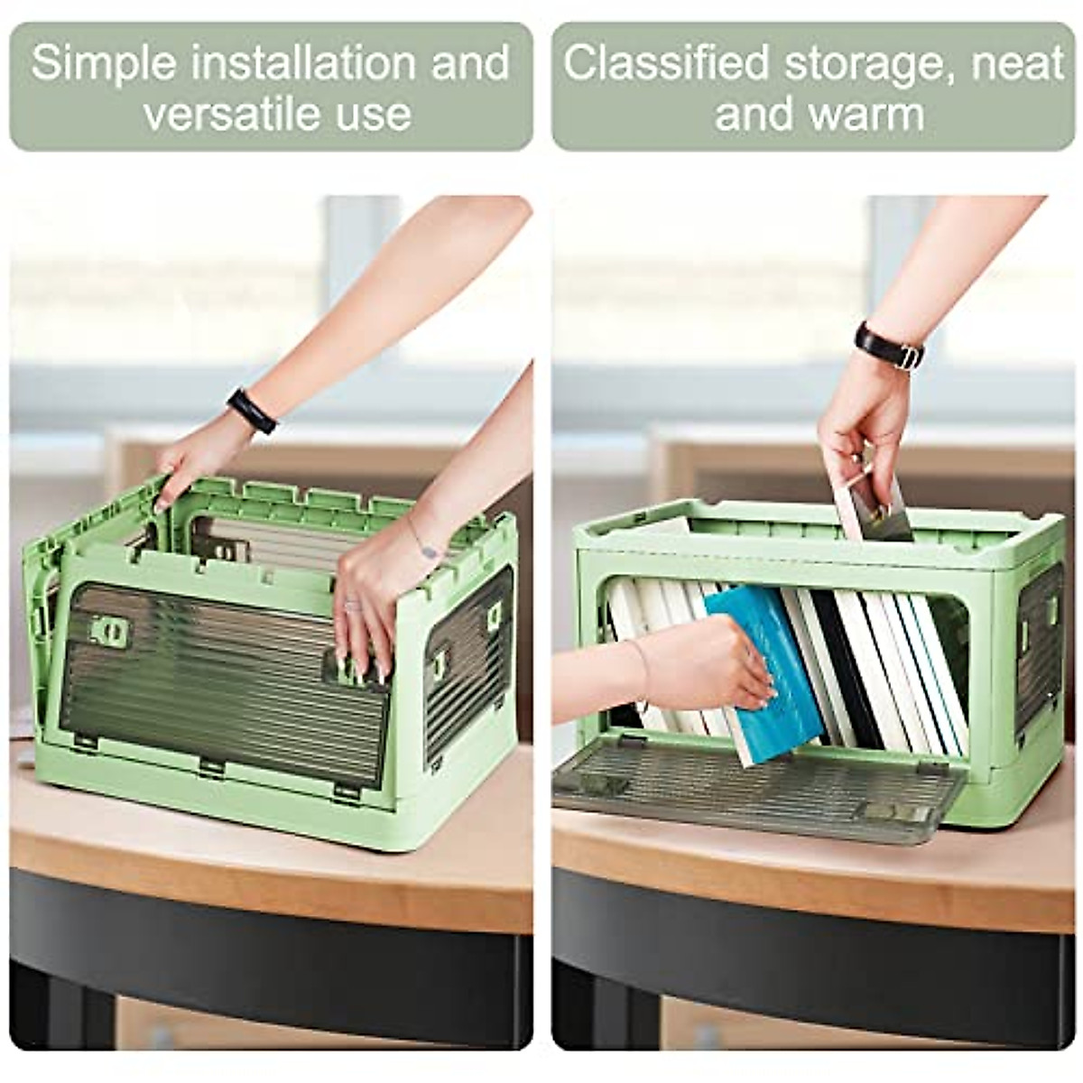 ZJTL 56 Quart Collapsible Storage Bins,Transparent Storage Bins with Wheels,Stackable Storage Bins with Lids,Plastic Storage Container with 5 Doors for Clothes, Toy, Books and Grocery (56Qt, Green)