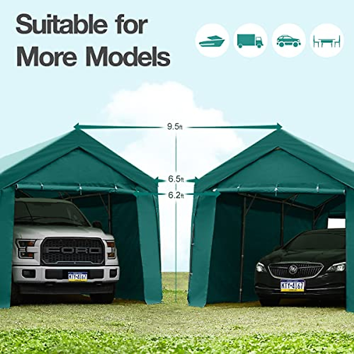 FINFREE 10 x 20 ft Heavy Duty Carport with Removable Sidewalls and Doors，Car Cnopy with 4 sandbags, Garage Shelter for Outdoor Party, Birthday, Garden, Boat, Green
