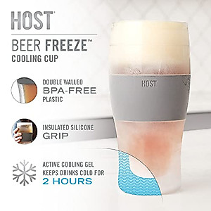 Host Freeze Beer Glasses, 16 ounce Freezer Gel Chiller Double Wall Plastic Frozen Pint Glass, Set of 2, Grey