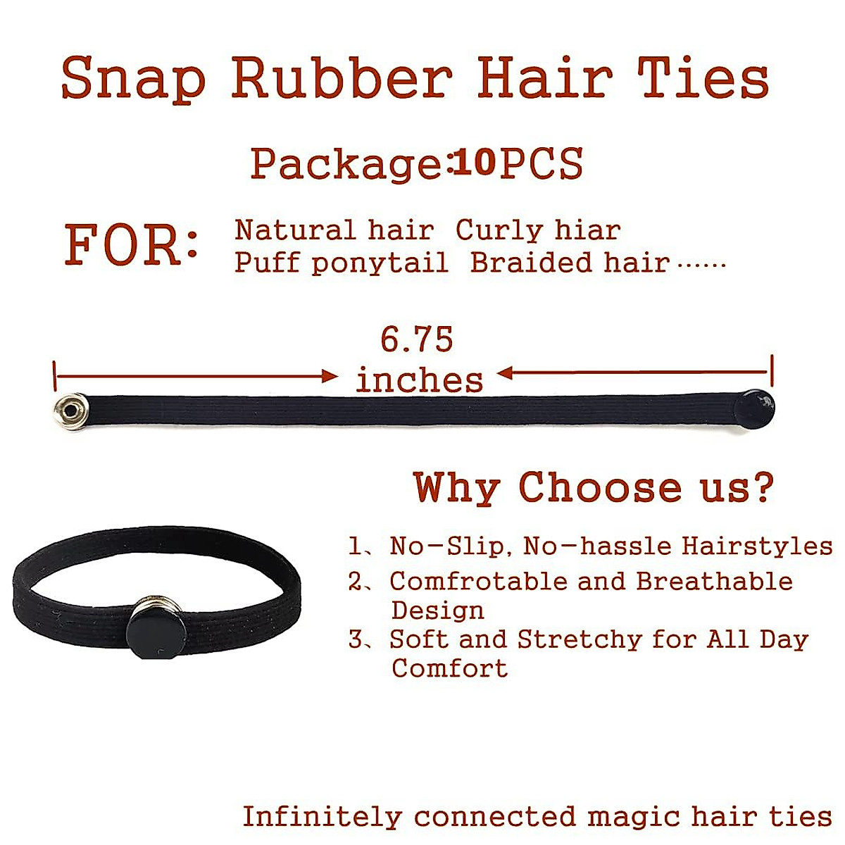 FEEZENT 10PCS High Elasticity Snap Hair Ties for Thick Hair Natural Curly Hair and Braids| Connectable Hair Rope | No Slip Adjustsble hairband for Puff Ponytail (10 Count -Pack of 1)