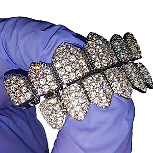 CZ Grillz Set Silver Tone Cubic Zirconia Micro Pave Bling Teeth Top & Bottom Row Iced Hip Hop Grills