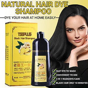 TSSPLUS Hair Dye Shampoo 3 in 1, Ginger Essence Black Hair Dye 16.9 Fl Oz, Black Hair Shampoo, Semi-Permanent Hair Color For Men and Women, 100% Gray Hair Coverage, Safe and Hair herbal shampoo