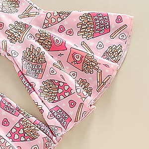 Toddler Baby Girls Valentine's Day Outfit Casual Short Sleeve T-Shirt Tops Heart Fries Flare Pants Bell Bottoms Clothes (Pink, 4-5 Years)