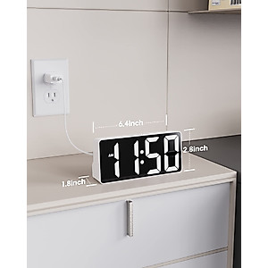 Mesqool Digital Alarm Clock for Bedroom, White, 7-Inch Screen, Adjustable Brightness, Loud Alarm, USB Charger, 12H/24H Time Format, Night Light, Dual Alarms, 18-Month Warranty