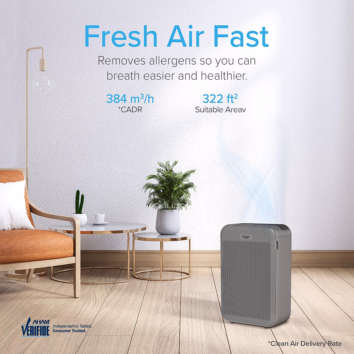 Lago Air Purifier for Home with True HEPA Odor-Reducing Carbon 3-Stage Filters Up to 322 sq ft - Silent, Multiple Purification Speeds - Reduces Pet Dander, Pollen, Smoke, Dust (Gray)
