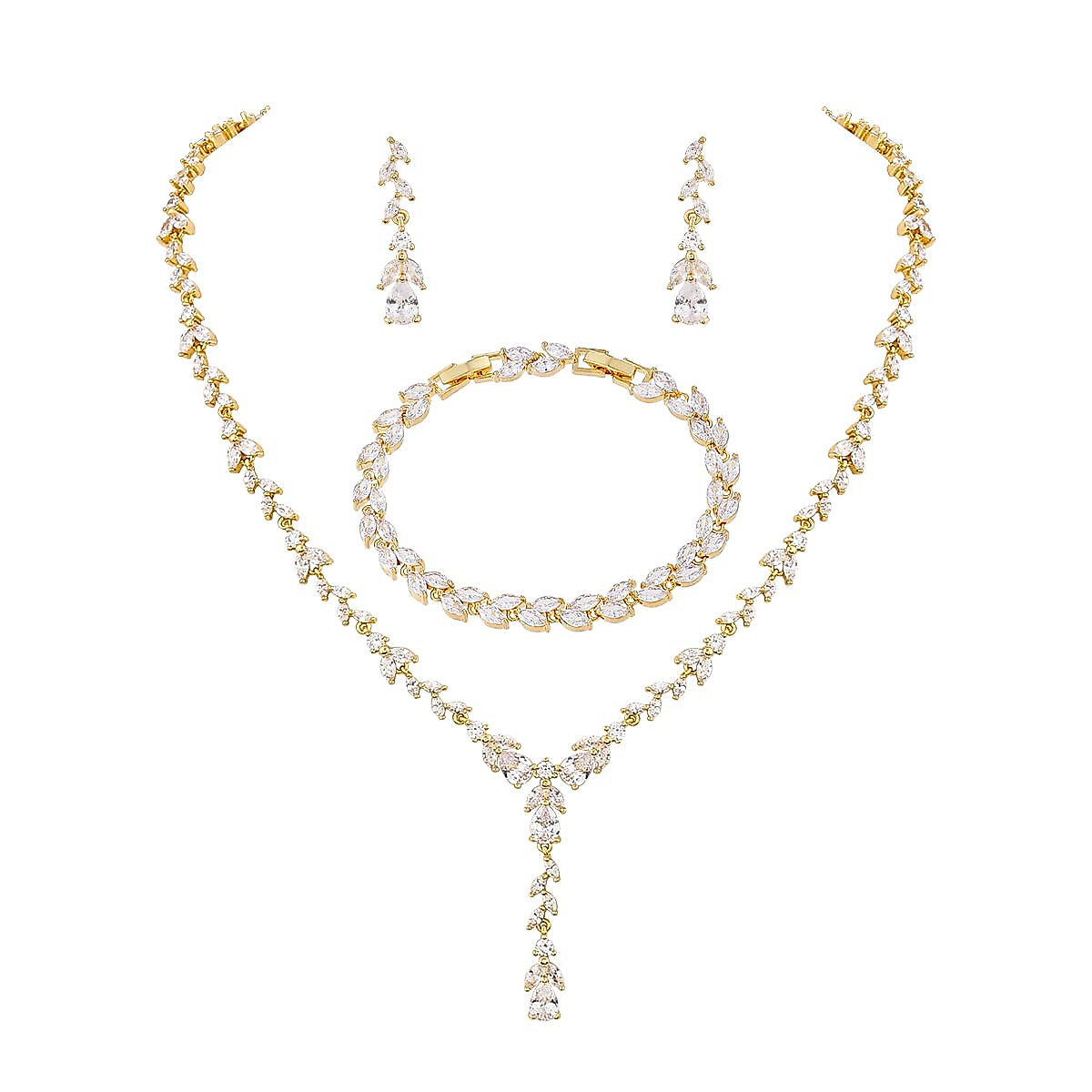 MEEDOZ Bridal Wedding Jewelry CZ Set Marquise Teardrop Cubic Zirconia Pendant Necklace and Dangle Earring Bracelet Sets for Women (Gold - 03)