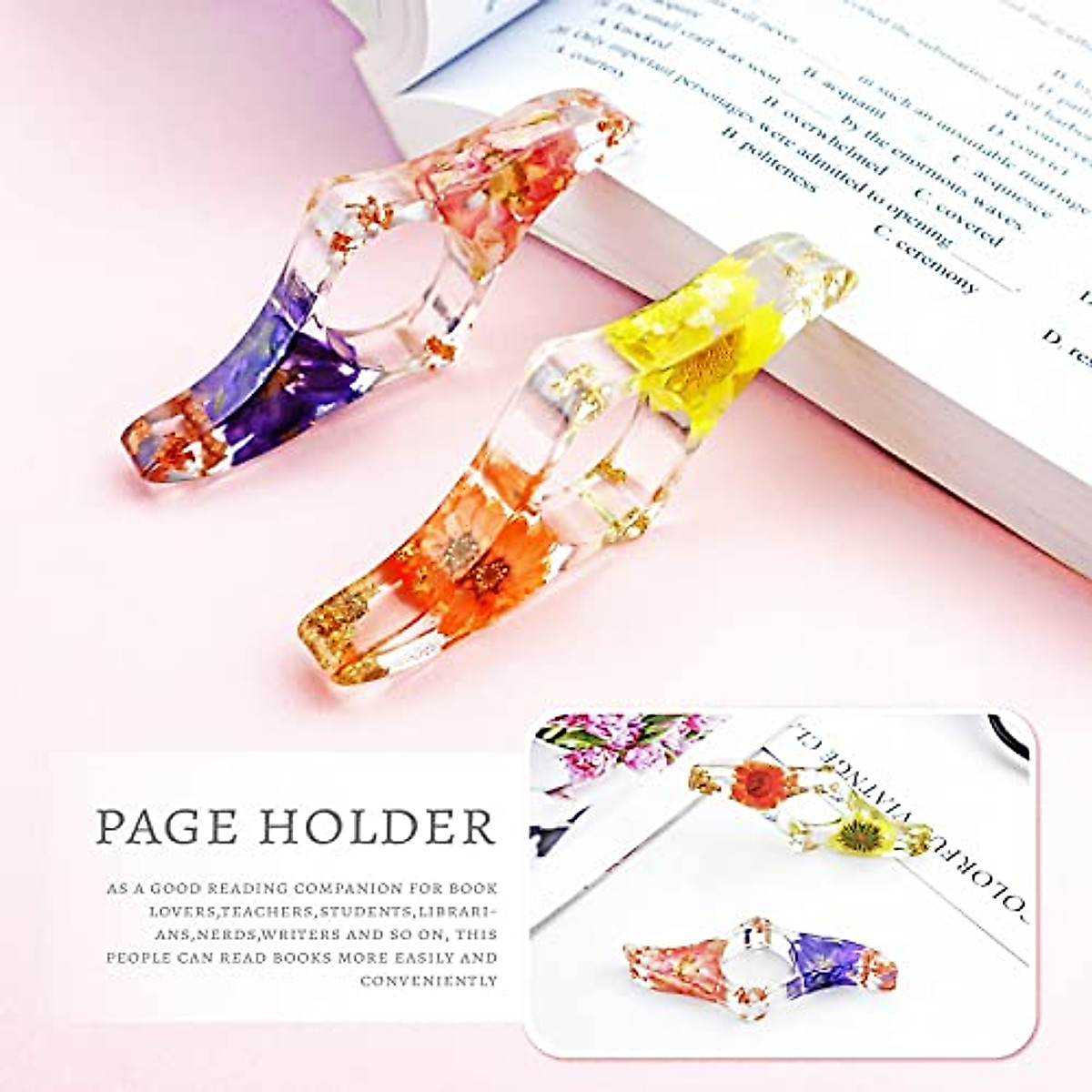2 Pieces Dried Flower Resin Book Page Holder Transparent Thumb Ring Page Holder Handmade Personalized Flower Resin Holders Reading Bookmark Accessories for Reader Book Lovers