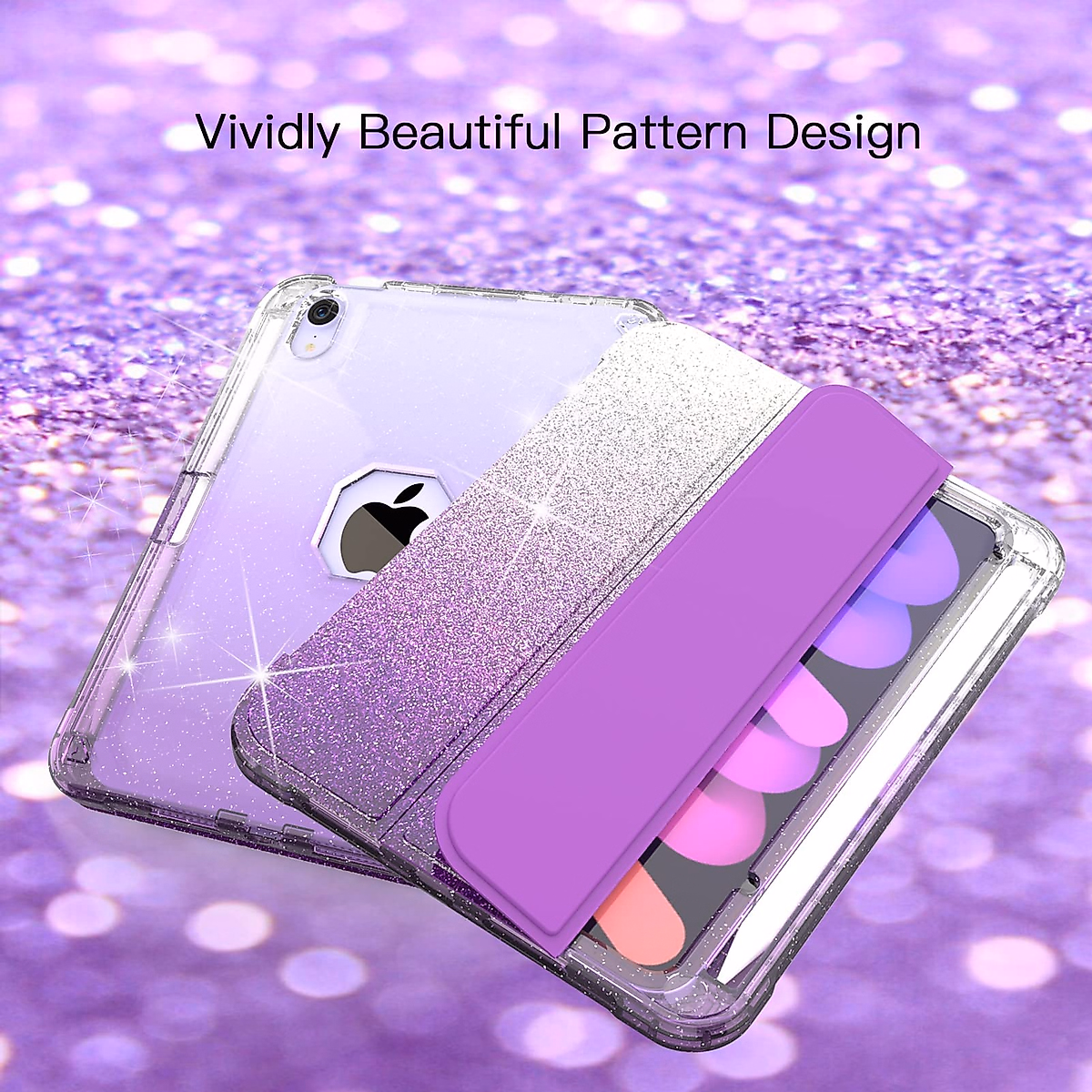 TIMISM for iPad Mini 7 A17 Pro Case, iPad Mini 7th/6th Generation Case (2024/2021), with Pencil Holder, Glitter Sparkly Leather Cover Clear TPU Back, Trifold Stand Folio Smart Case, Gradient Purple