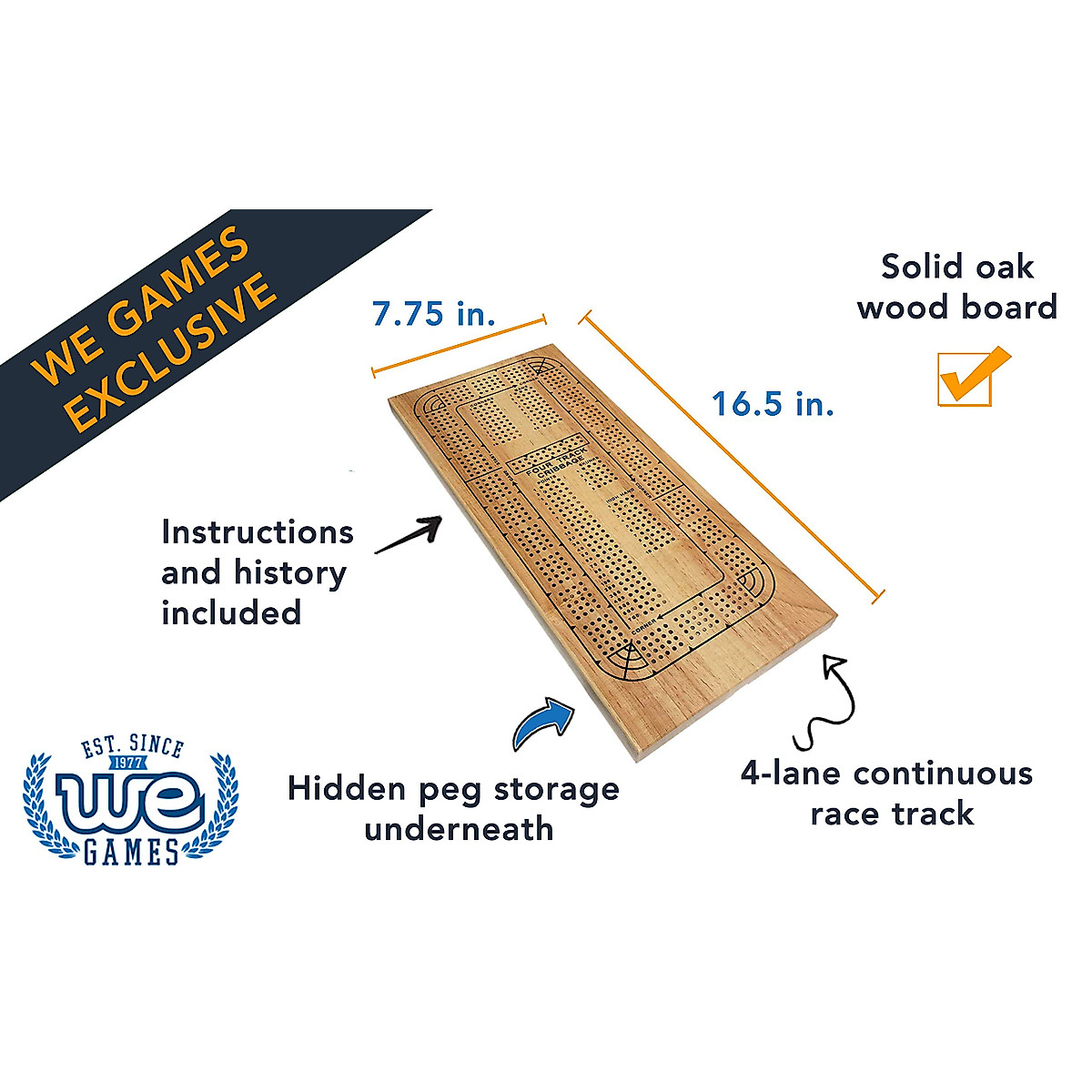 WE Games 4 Player Wooden Cribbage Board, Solid Natural Wood 4 Track Board, Plastic Pegs and Instructions, Card Games for Families and Adults