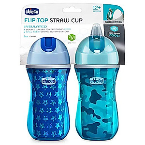 Chicco Insulated Flip-Top Straw Spill Free Baby Sippy Cup, 12 Months+, Blue/Teal, 9 Ounce (Pack of 2)
