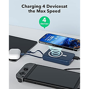 Wireless Portable Charger with Built in Cables,10000mAh Magnetic Power Bank Mini Battery Pack,4 Output 4 Input LED Display USB-C for iPhone 14/13/12/11/X Pro Max/Pro/Mini/Plus Android (Blue)