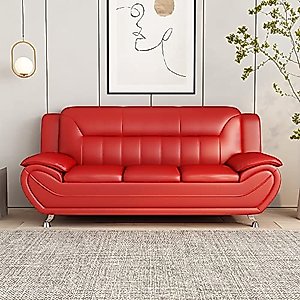 US Pride Furniture Michael Collection Modern Style Faux Leather Couch-Versatile 3 Seater Accent Piece for Living Room, Bedroom or Office-Comfortable Design and Elegant Look, 79" Sofa, Coral Red
