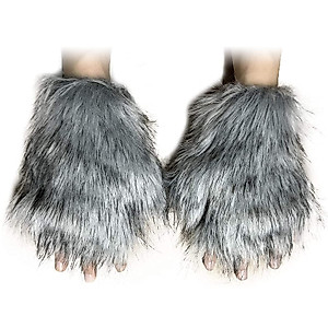 HAOAN Wolf Fox Tail Clip Ears and Gloves Set Halloween Christmas Fancy Party Costume Toys Gift for Women and Man Gray