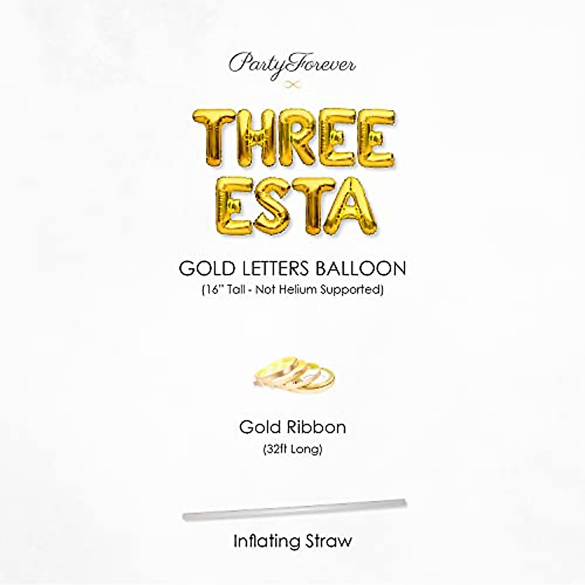 PartyForever Gold Three Esta Foil Balloon Banner Fiesta Themed 3rd Birthday Party Decoration and Supplies