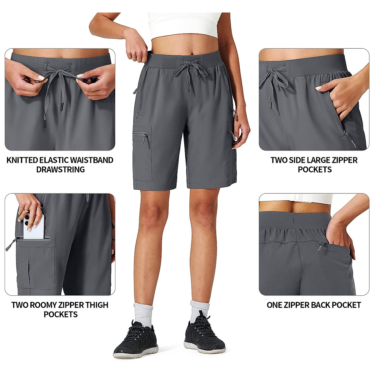 Ksmien Women's Hiking Cargo Shorts Quick Dry Lightweight Summer Shorts with Zipper Pockets for Travel Golf Camping Dark Grey