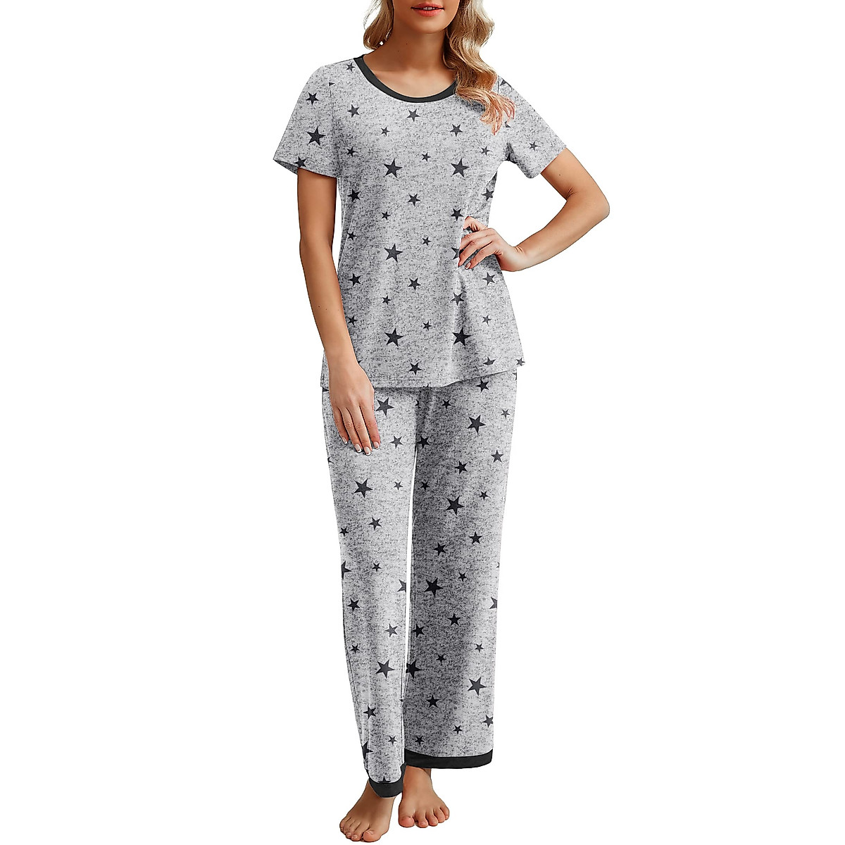 PrinStory 2024 Womens Pajama Set Short Sleeve Sleepwear Ladies Soft Pjs Lounge Set with Pockets Black Star Gray-L