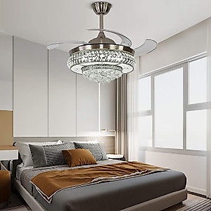 YIYIBYUS Modern Retractable Crystal Ceiling Fan with Light and Remote Control Ceiling Fan Dimmable 3 Speed Timing Smart Ceiling Fan Chrome Silver for Living Room,Bedroom (Silver, 42 inch)