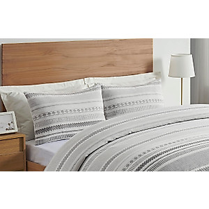 Sweet JoJo Designs Boho Black and Grey Cotton Woven Jacquard Modern Duvet Comforter Cover and Sham 3 pc. Full Queen Size Bed Bedding Set Farmhouse Patterned Ivory Bohemian Geometric Textured Neutral