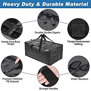 Rihim Moving Bags 90L - 4 Black Heavy Duty Extra Large Storage Bags for Clothes - Packing Bags with Backpack Straps Strong Handles Zippers - College Travelling Christmas Storage Moving Totes