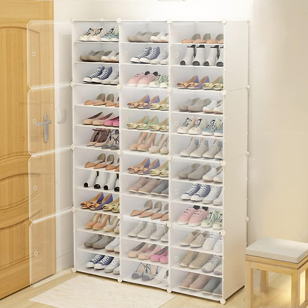 12 Pack Shoe Storage Boxes for 72 Pairs Shoes, Stackable Clear Plastic Shoe Organizer Space Saving Shoe Display Containers with Clear Lids for Women/Men, White