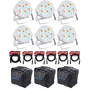 (6) Rockville LED RGB Par Can Wash Light - White Bundle: (3) DJ/Club/Stage Wash Lights, (1) Universal Travel Bag, (1) 25ft 3 Pin DMX Lighting Cable, (5) 10ft 3 Pin DMX Lighting Cables (15 Items)