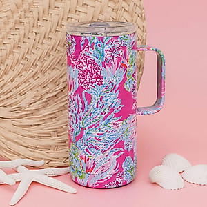 Lilly Pulitzer 16 Oz Travel Mug with Handle and Lid, Stainless Steel Insulated Coffee Tumbler, Double Wall Metal Cup, Seaing Things