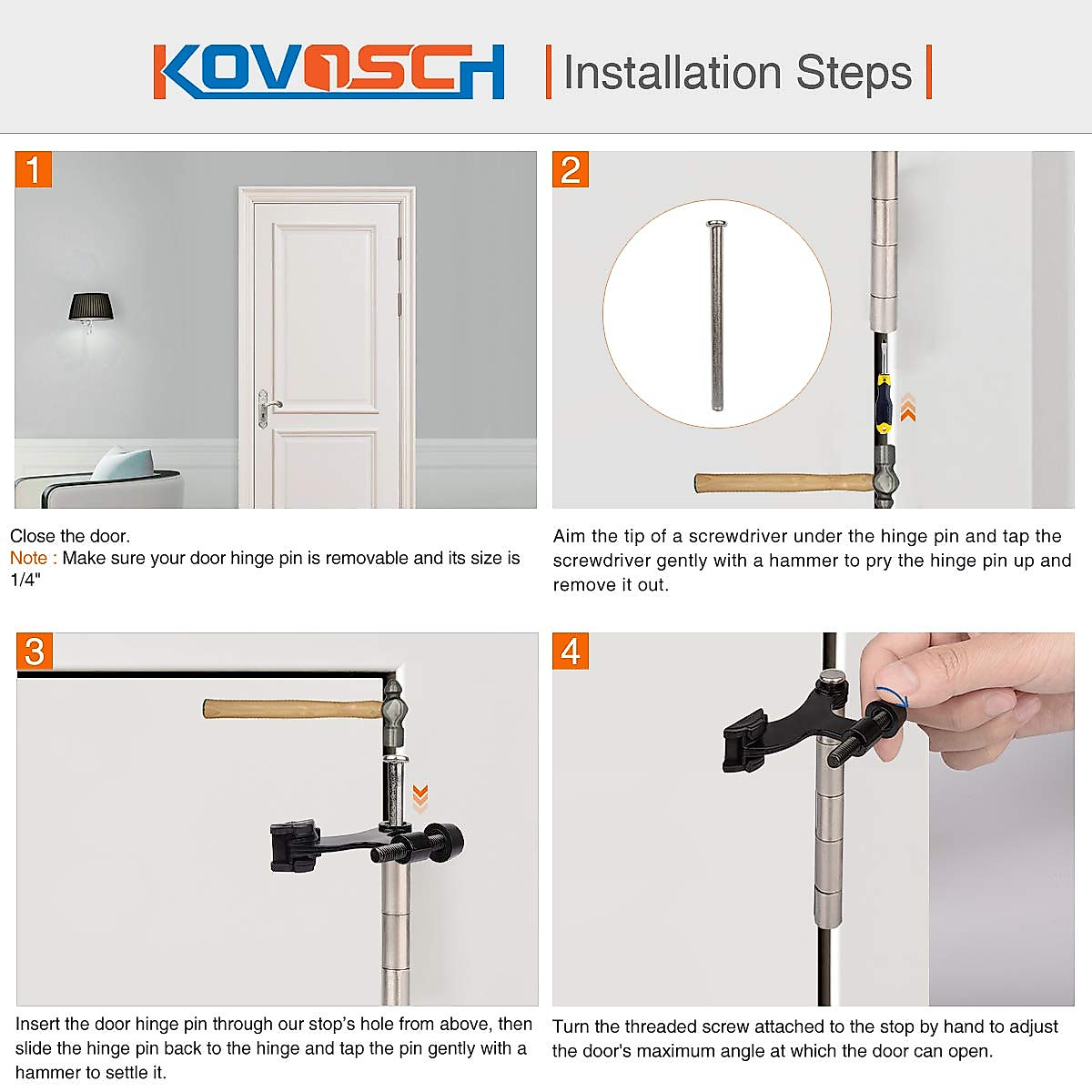 KOVOSCH 10 Pack Hinge Pin Door Stopper Black - Adjustable Heavy Duty Hinge Pin Door Stop with Black Rubber Bumper Tips