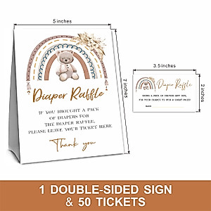 50 Diaper Raffle Tickets and 1 Self-standing Diaper Raffle Sign, Bear Boho Rainbow Baby Gender Reveal Party Supplies, Gender Neutral Baby Shower Decorations - LBLK-017