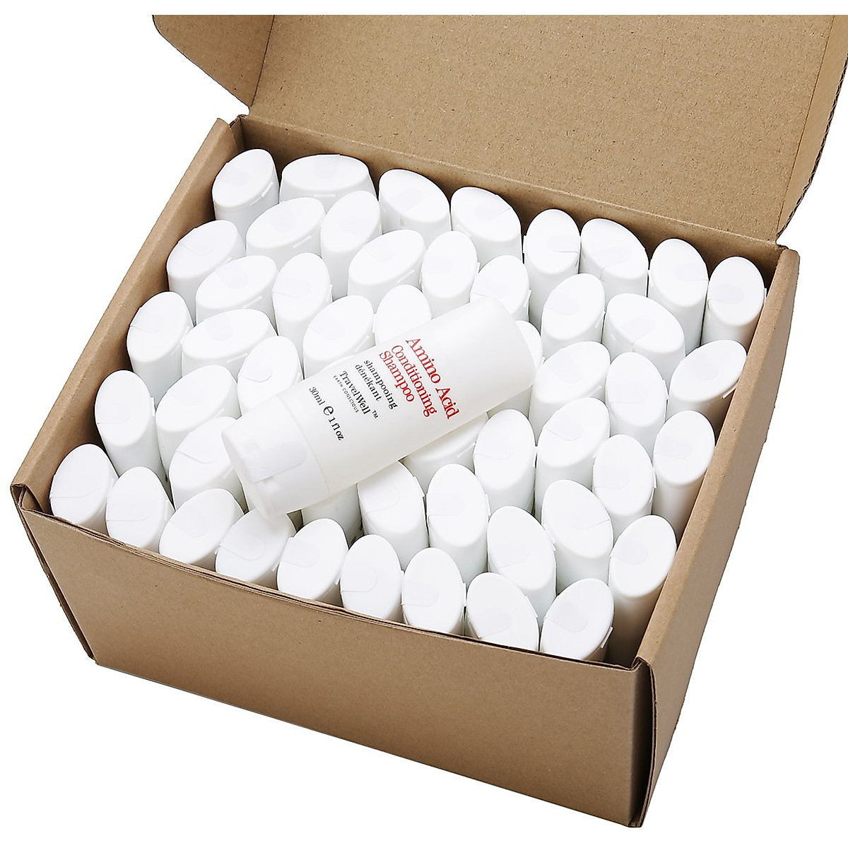 Travel Well Hotel Shampoo and Conditioner Supplies for Guests 2 in 1, 1.0 Fl Oz/30ml, Individually Wrapped 50 Bottles per Box | Travel Size Toiletries | Hotel Toiletries Bulk Set