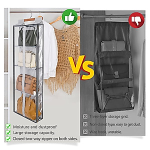 Clear Hanging Handbag Storage Organizer with Zippers, KMOTASUO Easy Access Purse Storage Holder Over the Door Purse Organizer Space Saving 4 Pockets for Closet Bedroom Living Room (XL-Grey)