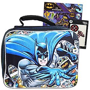 Batman Lunch Box Travel Activity Set - Insulated Batman Lunch Bag with Justice League Stickers and Patches for Boys Girls Kids (Batman School Supplies Bundle)
