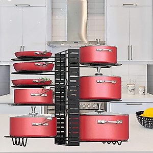Podxco Pan Organizer Rack for Cabinet Pot Rack with 3 Diy Methods Adjustable Pot and Pan Organizer with 8 Tiers Pot Lid Organizer Holder Metal Heavy Duty Pot Organizer for Kitchen Counter and Cabinet