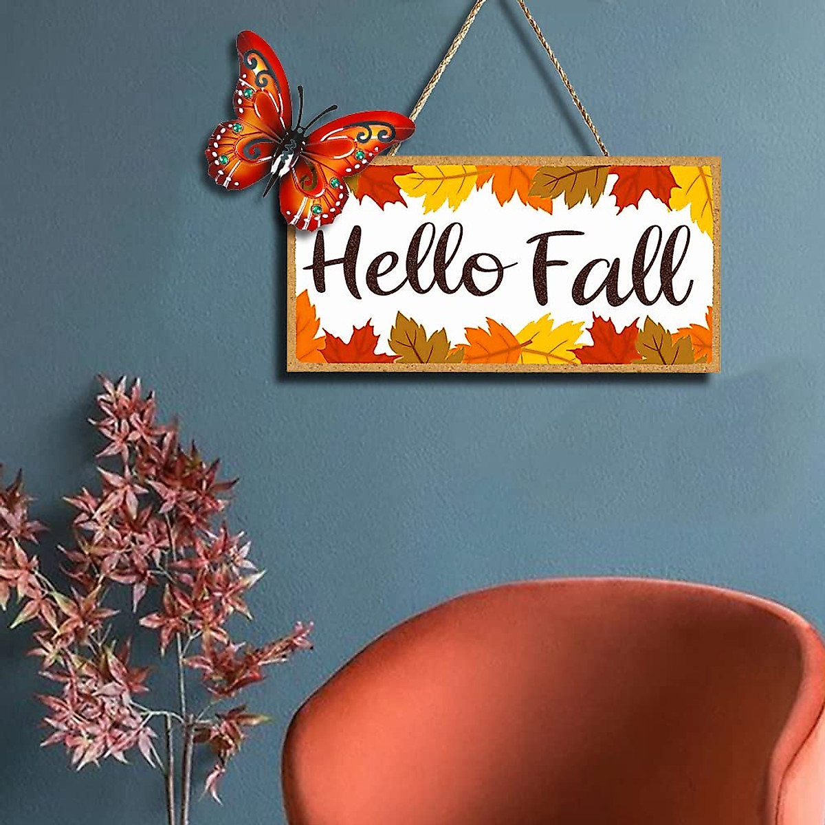 Hello Fall Sign Wall Decor 14" Autumn Harvest Thanksgiving Maple Leaf Sign Rustic Hanging Decorations in Home Art for Front Porch Door Plaque