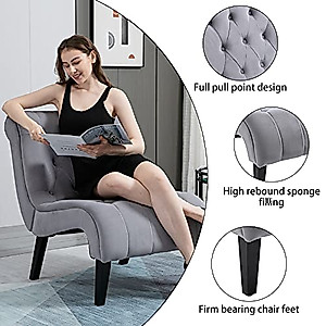 AVAWING Armless Accent Chair, Upholstered Button Tufted Living Room Chairs with Wood Legs, Comfy Frosted Velvet Lounge Chair Reading Chair for Bedroom, Grey