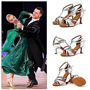 SWDZM Women Satin Latin Dance Shoes T-Strip Ballroom Salsa Chacha Performance Practice Dancing Shoes,809 Heel 3",Silver 7.5 US