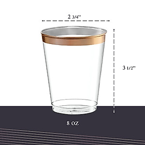 PLASTICPRO Disposable 8 oz Crystal Clear Plastic Tumblers With Rose Gold Rim for Party's & Weddings pack of 50
