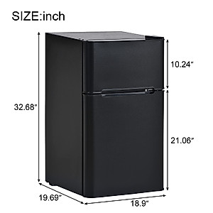 Merax, Black Mini Fridge with Freezer, 3.2Cu.Ft Compact Refrigerator with Two Reversible Doors for Office, Dorm or Bedroom, Adjustable Mechanical Thermostat, 18.9''L x 19.69''W x 32.68''H