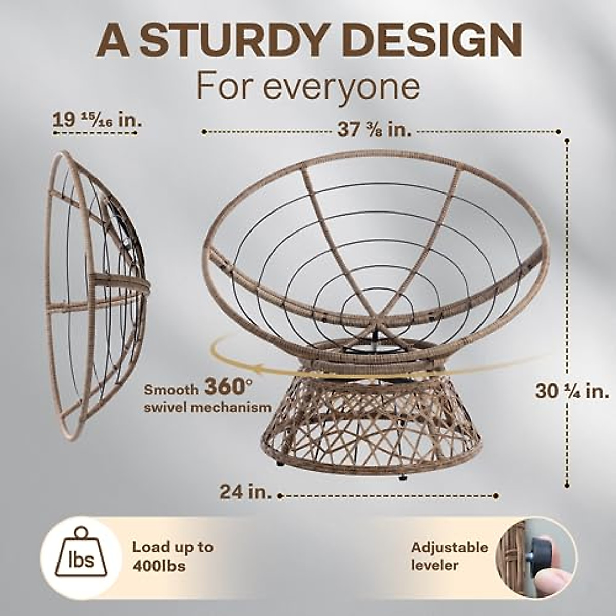 Bme Ergonomic Wicker Papasan Chair with Soft Thick Density Fabric Cushion, High Capacity Steel Frame, 360 Degree Swivel for Living, Bedroom, Reading Room, Lounge, Sepia Sand - Brown Base