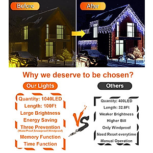 Christmas Lights Outdoor Decorations, 1040LED 100FT 8 Modes Curtain Fairy String Lights Decor with 240 Drops, Plug in Waterproof Timer Memory Function for Christmas Holiday Wedding Party (Cool White)