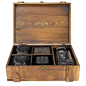 Atterstone Whiskey Decanter Crate Set for Men and Women - Whiskey Decanter, 2 Swirl Glasses, 9 Chilling Whisky Stone, 2 Coaster, Crate Pinewood Box, Gift for Holidays, Father's Day, Groomsmen, Wedding