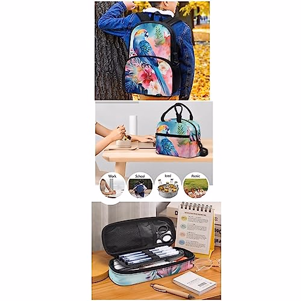 Parprinty Blue Floral Bird Parrot Backpack Set for Girls Kids Lightweight Cute School Backpack with Lunch Box Pencil Case Adjustable Strap Padded Book Bag Insulated Lunch Bag