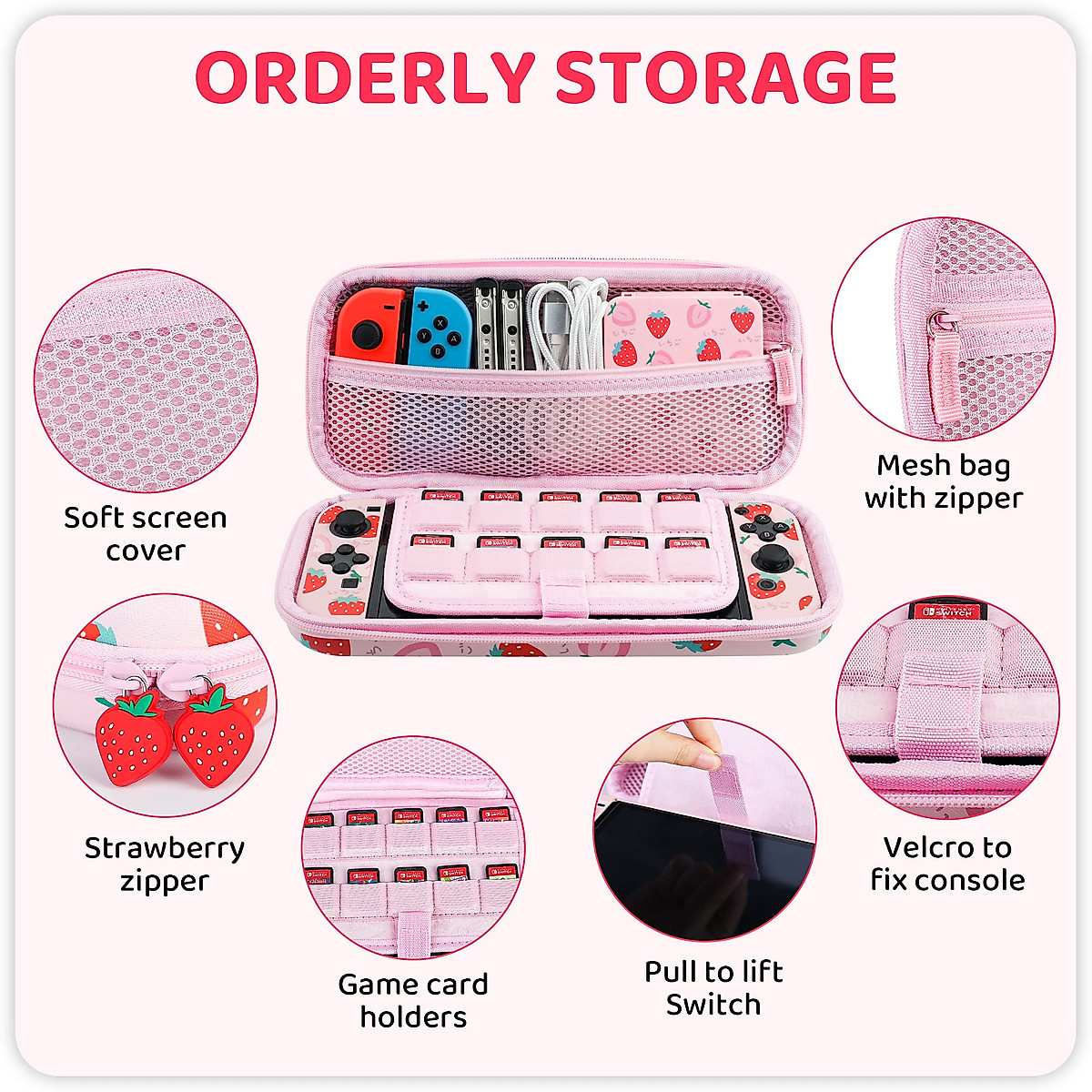 FANPL Pink Carrying Case for Nintendo Switch and Switch OLED Cover, Strawberry Travel Case Bundle with 2 Joy con Shells, 2 Thumb Grip Caps, Adjustable Shoulder Strap, Portable Switch Accessories Bag