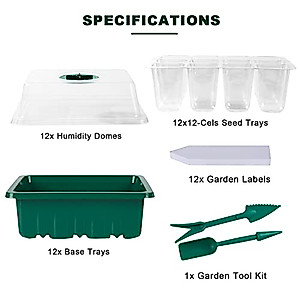 JERIA 12 Packs 144 Cells Seedling Starter Trays,Seed Starter Tray Seed Starter Kit with Humidity Adjustable Dome,Plant Germination Trays and Plant Starter Kit for Seeds Growing Starting (Green)