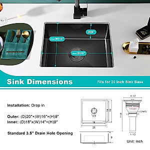 TSIBOMU 20 x 16 Inch Undermount Kitchen Sink, 304 Stainless Steel Single Bowl Small Kitchen Bar Sink Undermount, Brushed Nickel