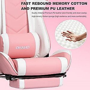 OHAHO Gaming Chair Racing Style Office Chair Adjustable Massage Lumbar Cushion Swivel Rocker Recliner Leather High Back Ergonomic Computer Desk Chair with Retractable Arms and Footrest (Pink/White)